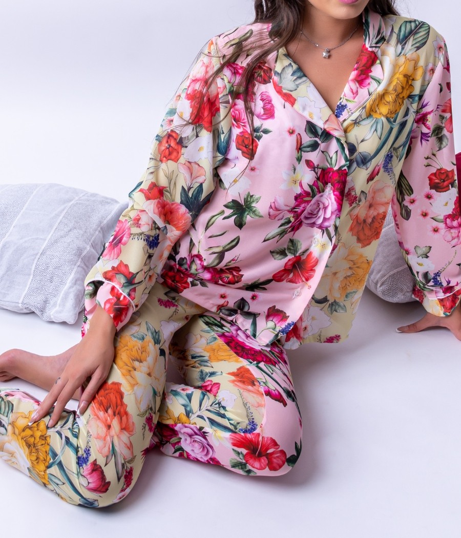 Selene Patchwork Floral Print Two-Piece Silky Pajama Set